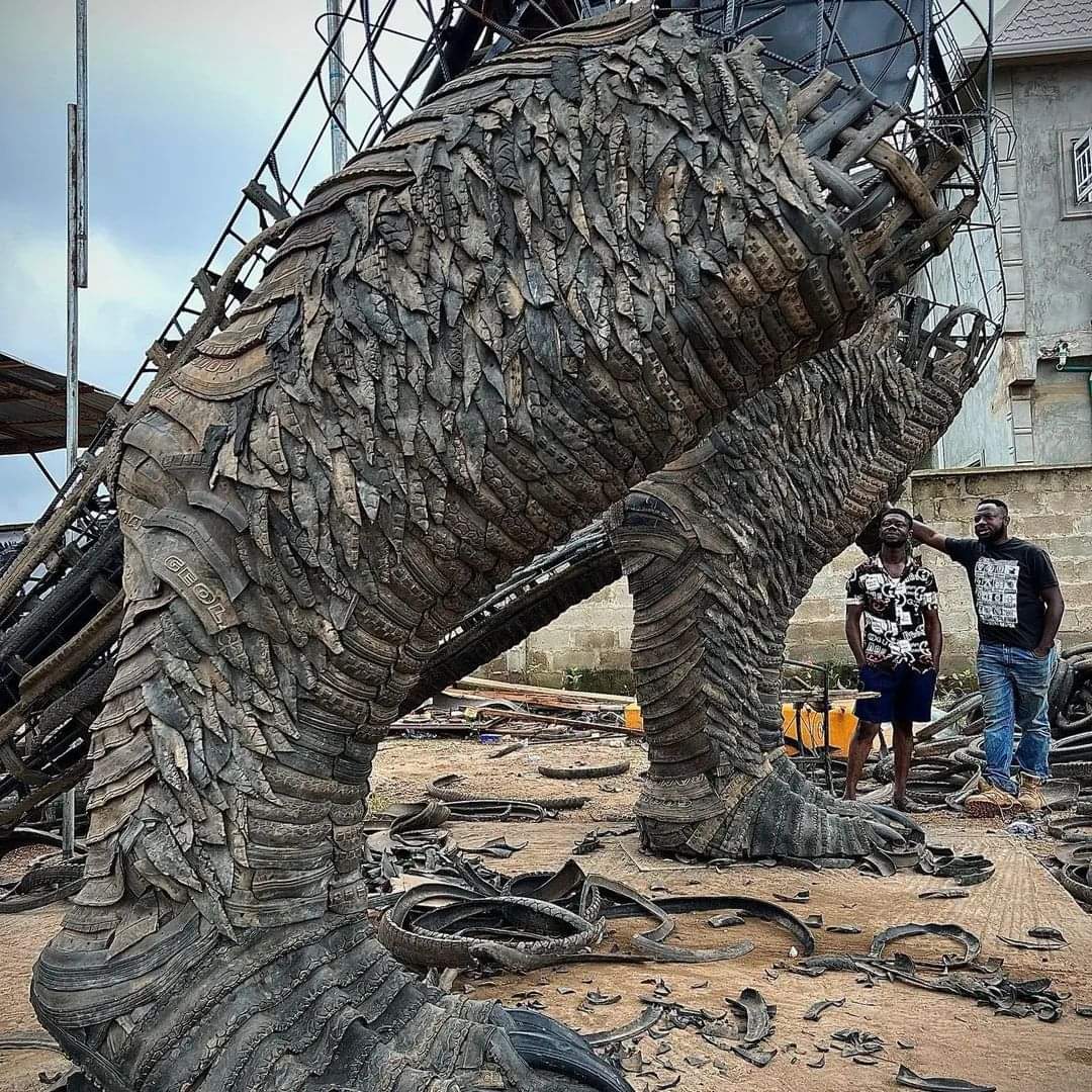 Nigerians built a 24-foot tall Godzilla statue out of recycled tires!