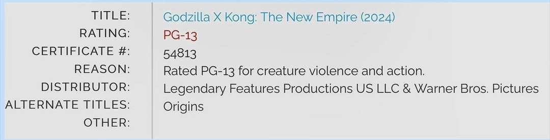 Godzilla x Kong: The New Empire officially rated PG-13 for Creature ...